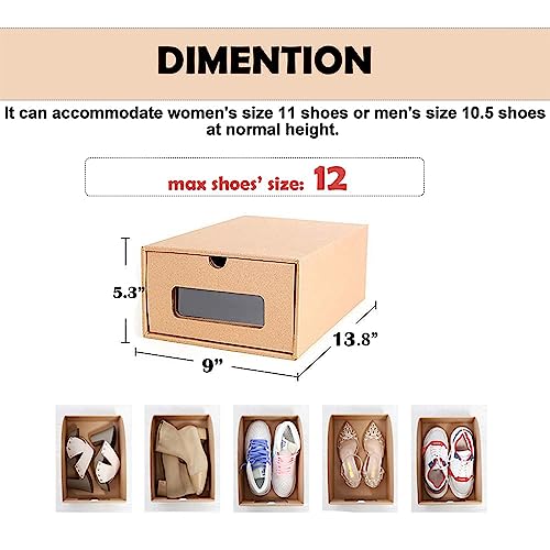 bimiti 12 Pack Shoe Box Cardboard Shoe Storage Boxes with Transparent Window Waterproof Stackable Storage Boxes with Lids Heavy Duty Kraft Drawer Shoe Boxes for Shoes, Socks, Stationery, Underwear
