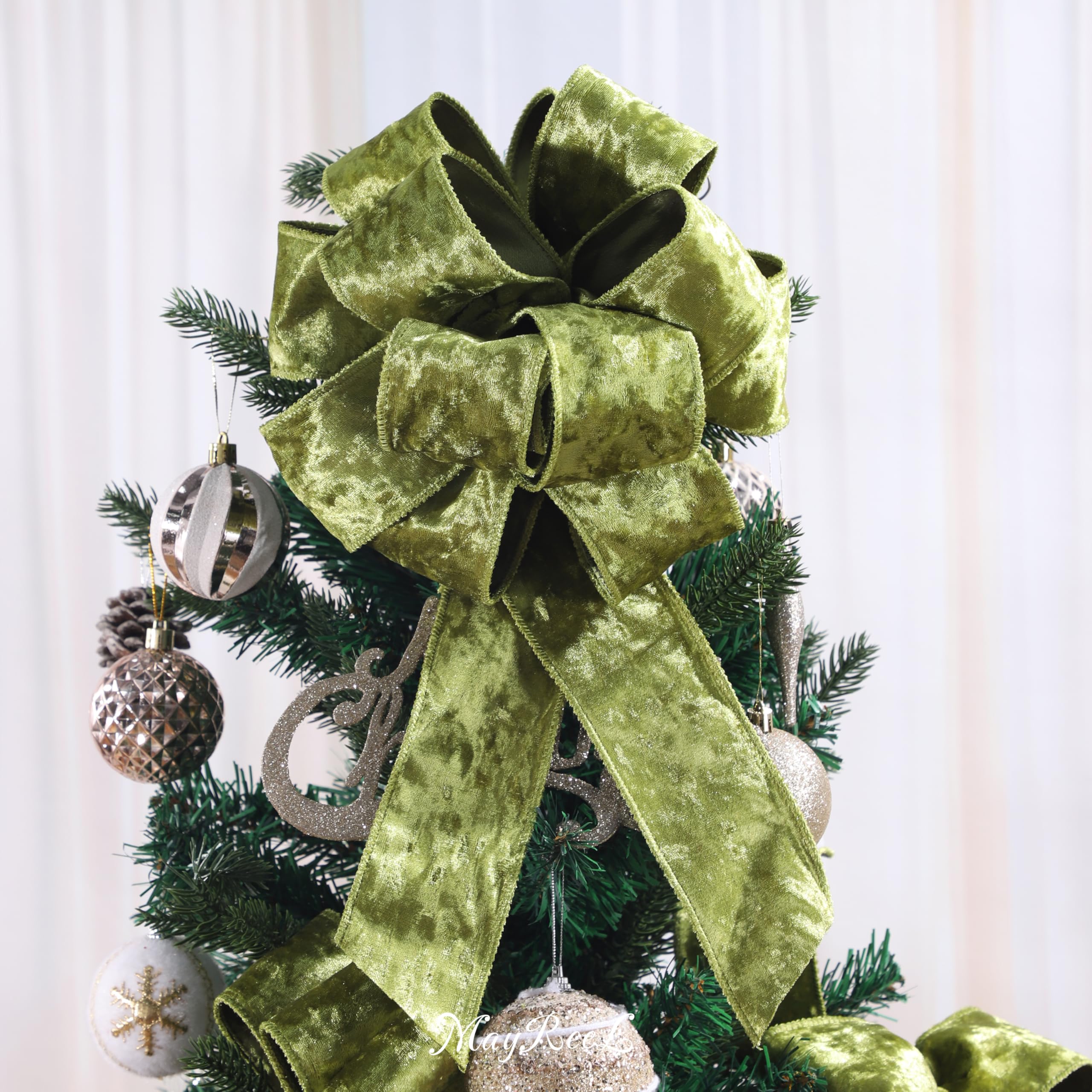 MAYREEL 2.5 Inch Moss Green Crushed Velvet Ribbon Wired for Christmas Decorations Gift Wrapping Wreaths Tree Toppers 10 Yards