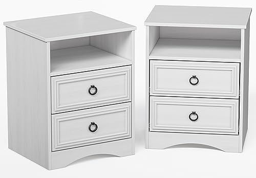 HolliWill Nightstand Set of 2, Night Stand with Drawers, Accent Bed Side Table and End Table with Open Storage for Bedroom, Living Room, White