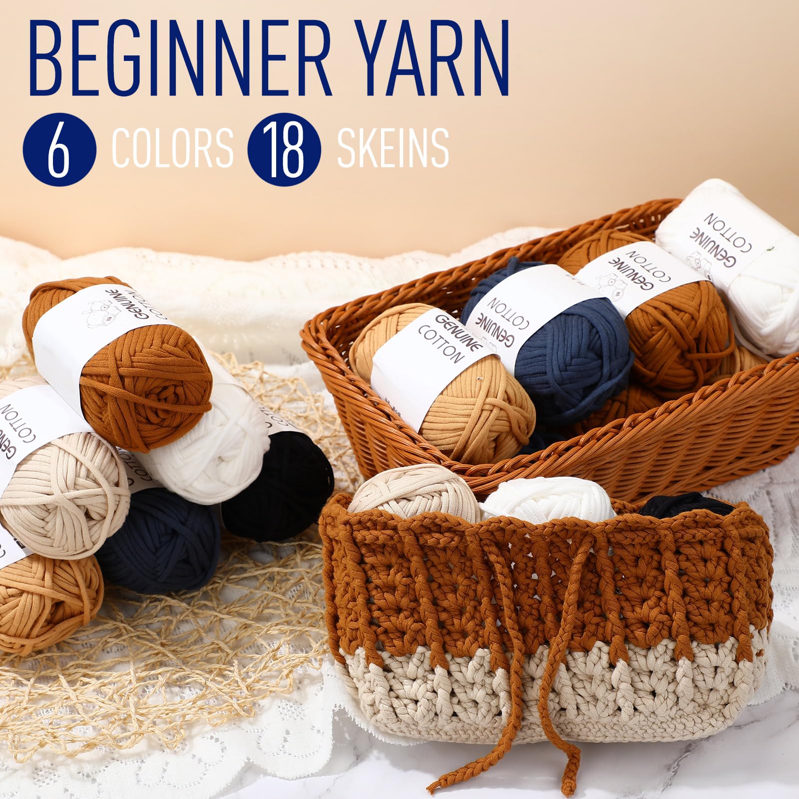 Timgle 18 Pack Beginners Crochet Yarn Cotton Yarn for Crocheting and Knitting with Easy to See Stitches Cotton Nylon Blend Yarn for Crochet Kit Making(Nature Colors)