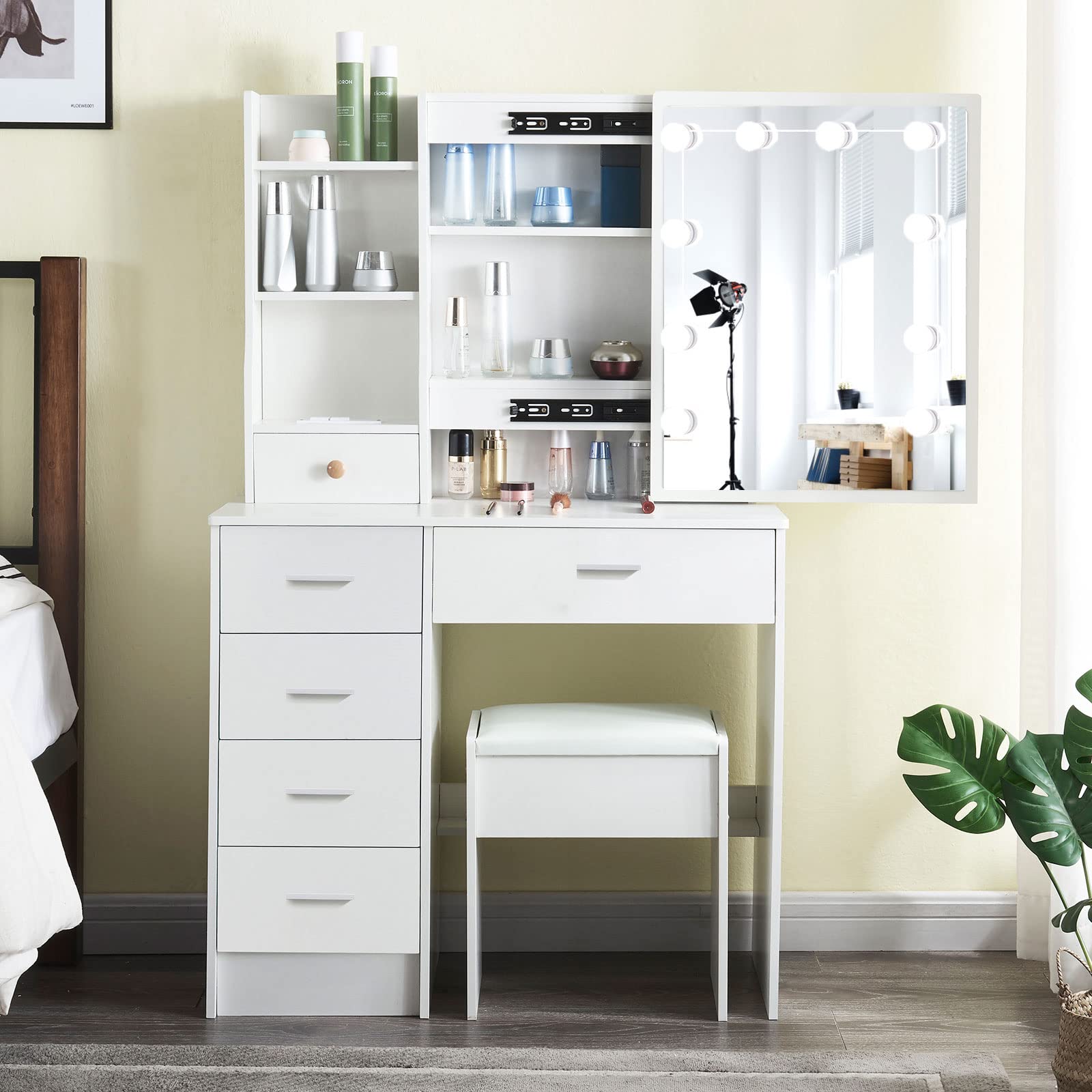 Lucaseone Vanity Desk with Lights Mirror, Vanity Table Makeup Vanity with Slidable Mirror,Drawers & Stool,for Bedroom, White (7507USB)