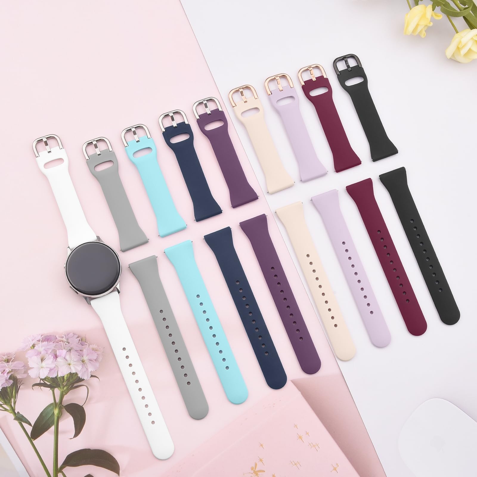 Vancle 3 Pack Slim Bands for Samsung Galaxy Active 2 Watch Bands 40mm 44mm Women Men, 20mm Soft Silicone Sport Strap Replacement Wristbands for Samsung Galaxy Active/Active 2 (Black/Gray/White)