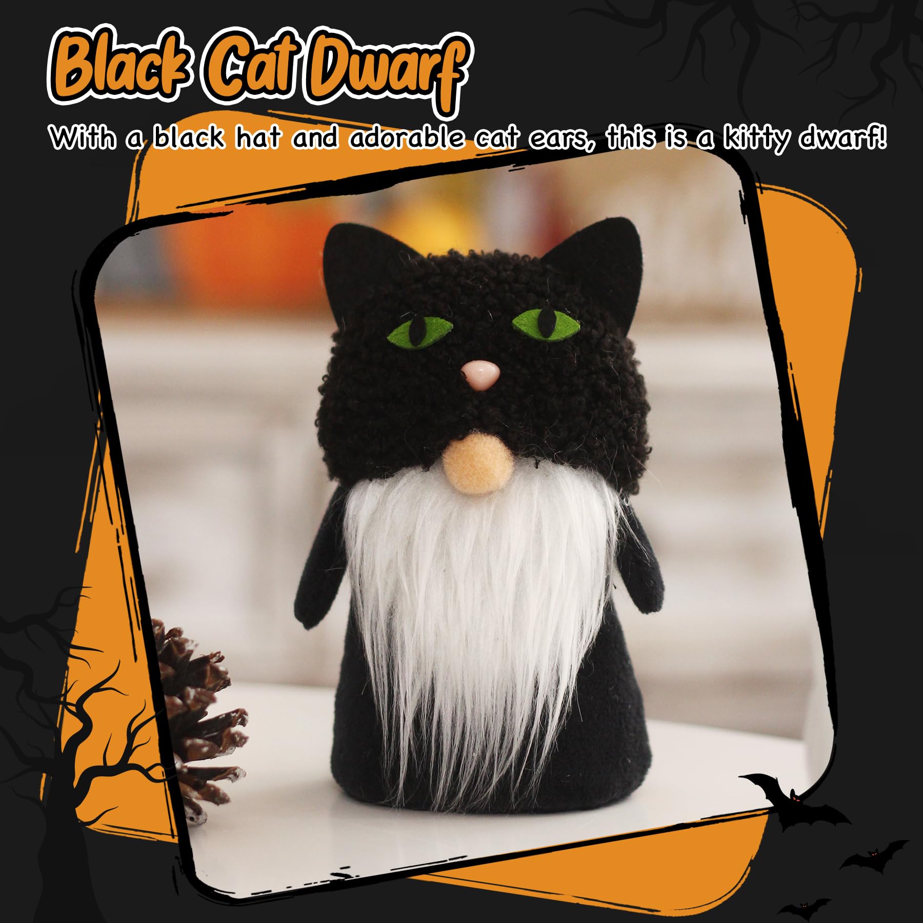 Kyhvoux Black Cat Gnomes Plush Decoration, 3 PCS Handmade Cute Elf Dolls Gift for Women Swedish Tomte Faceless Dwarf Winter Home Indoor Decor for Table Centerpieces Ornament Tiered Tray