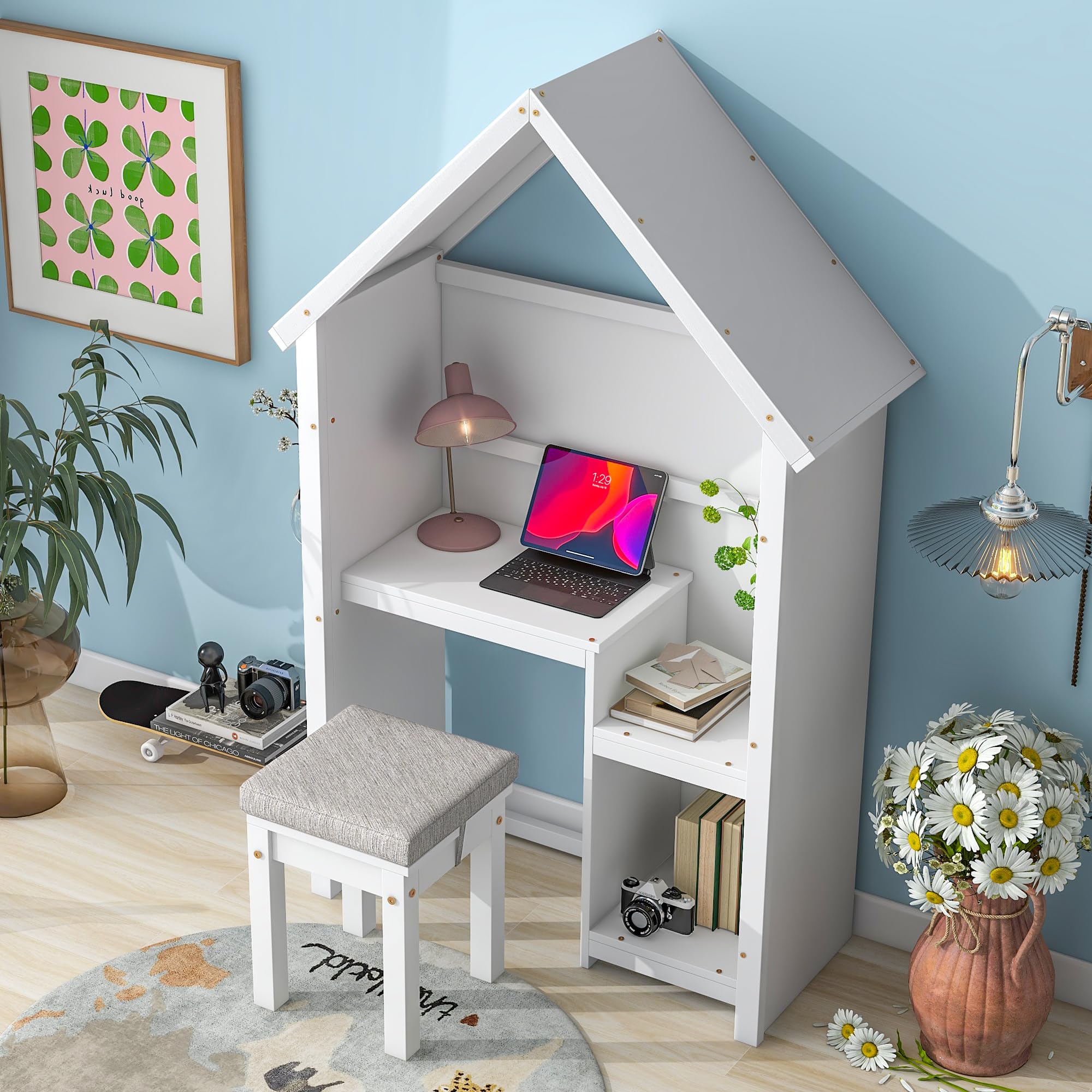 Bellemave Kids Desk and Chair Set Wood Study Desk with Storage and Cushion Stool House Shaped Art Table for Girls Boys Children, White