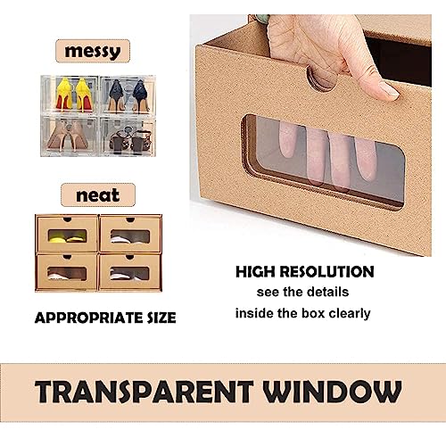 bimiti 12 Pack Shoe Box Cardboard Shoe Storage Boxes with Transparent Window Waterproof Stackable Storage Boxes with Lids Heavy Duty Kraft Drawer Shoe Boxes for Shoes, Socks, Stationery, Underwear