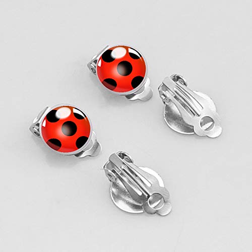 OHINGLT Ladybug Clip on Earrings for Woman Silver Ear Cuff Black Spot Red Ladybug Earrings(4 Pairs Red)