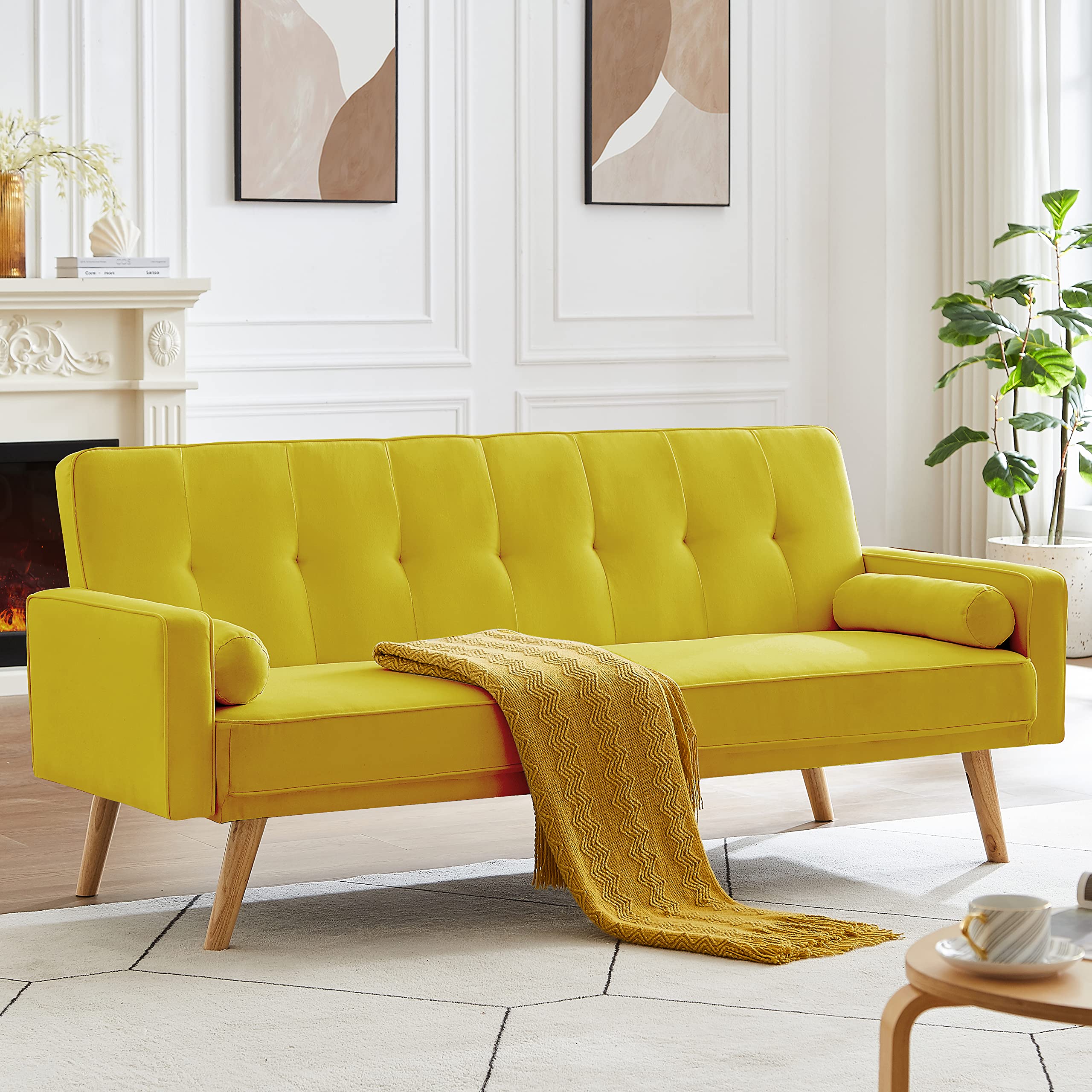 Verfur Button Tufted Futon Sofa Bed,Fabric Upholstered Convertible Loveseat Couch,Soft Small Sofa & Couches for Compact Living Space, Apartment, Dorm, Bonus Room w/Metal Legs