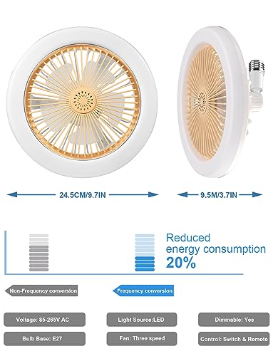VONFAME Enclosed Ceiling Fan with Light and Remote Small 10-inch E27 Bladeless Ceiling Fans Dimmable LED Lights 3 Gear Wind Speeds Family Summer Gift for Garage Tool Room and Store Room(Yellow)