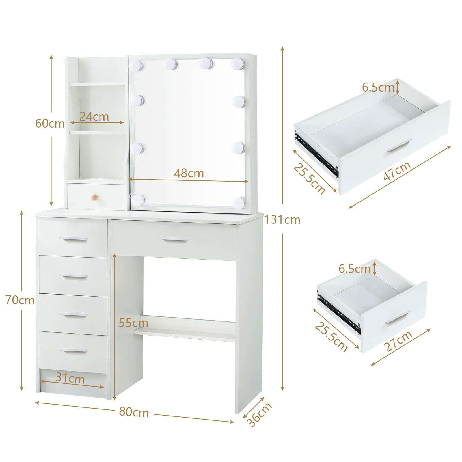 Lucaseone Vanity Desk with Lights Mirror, Vanity Table Makeup Vanity with Slidable Mirror,Drawers & Stool,for Bedroom, White (7507USB)