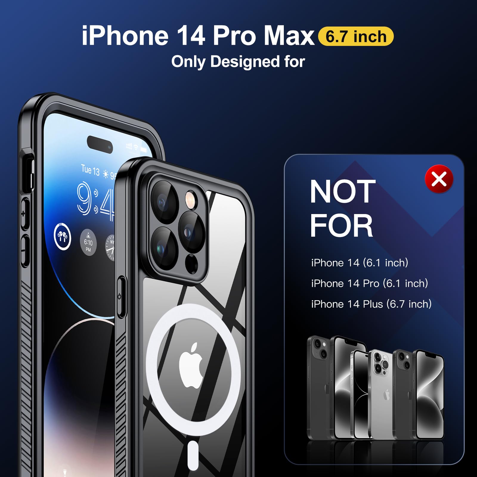 Humixx Design for Waterproof Case iPhone 14 Pro Max Case Compatible with MagSafe【IP68】【14FT Military Dropproof】 Built-in Screen Protector&Lens Protector for iPhone 14 Pro Max Magnetic Case Black