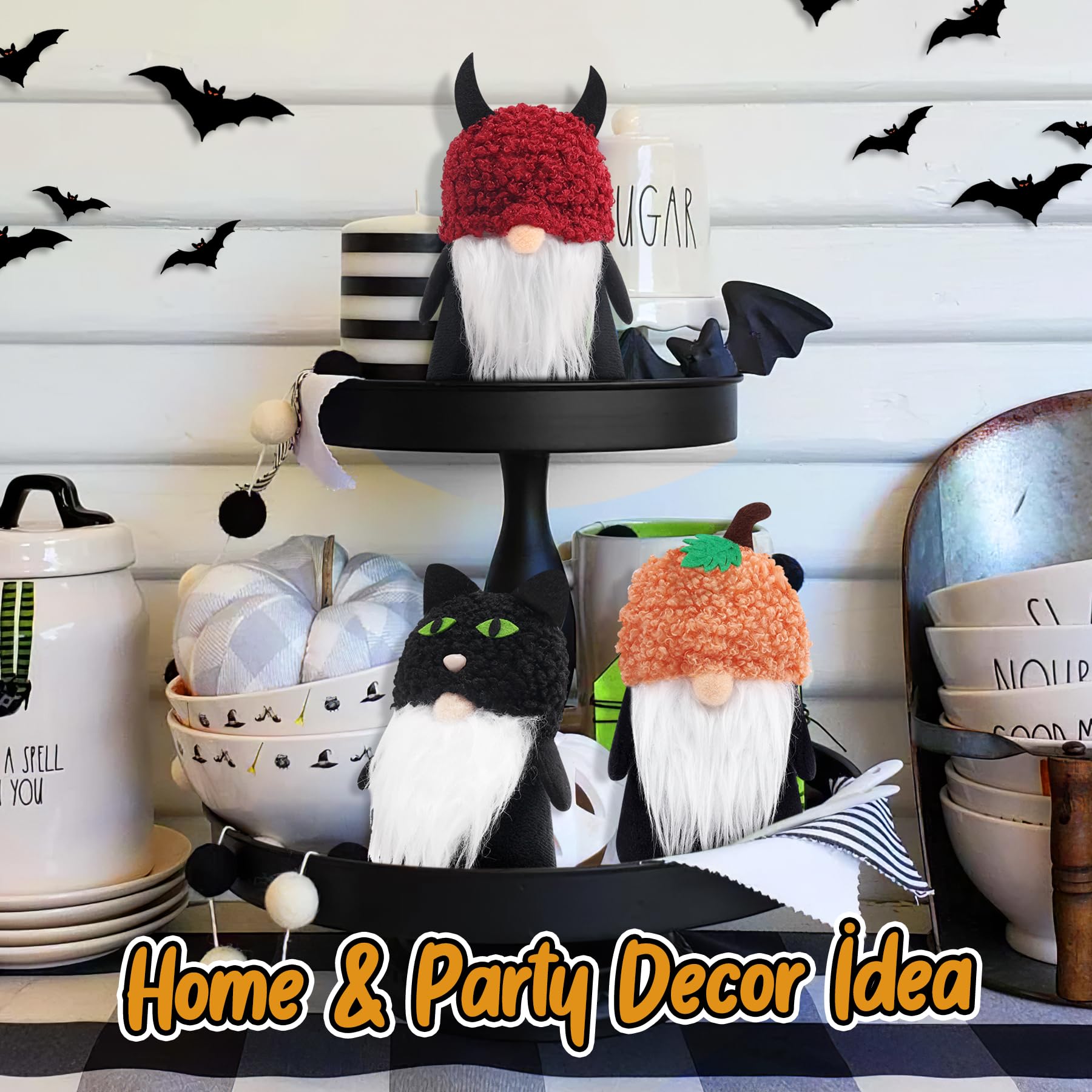 Kyhvoux Black Cat Gnomes Plush Decoration, 3 PCS Handmade Cute Elf Dolls Gift for Women Swedish Tomte Faceless Dwarf Winter Home Indoor Decor for Table Centerpieces Ornament Tiered Tray