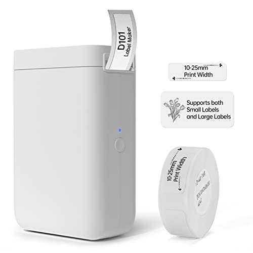 Label Maker Machine, D101 Bluetooth Label Maker with Tape, Small Wireless Label Printer, 0.4"-1"(10-25mm) Print Width for Storage, Office, Home, School, Inkless, USB Rechargeable