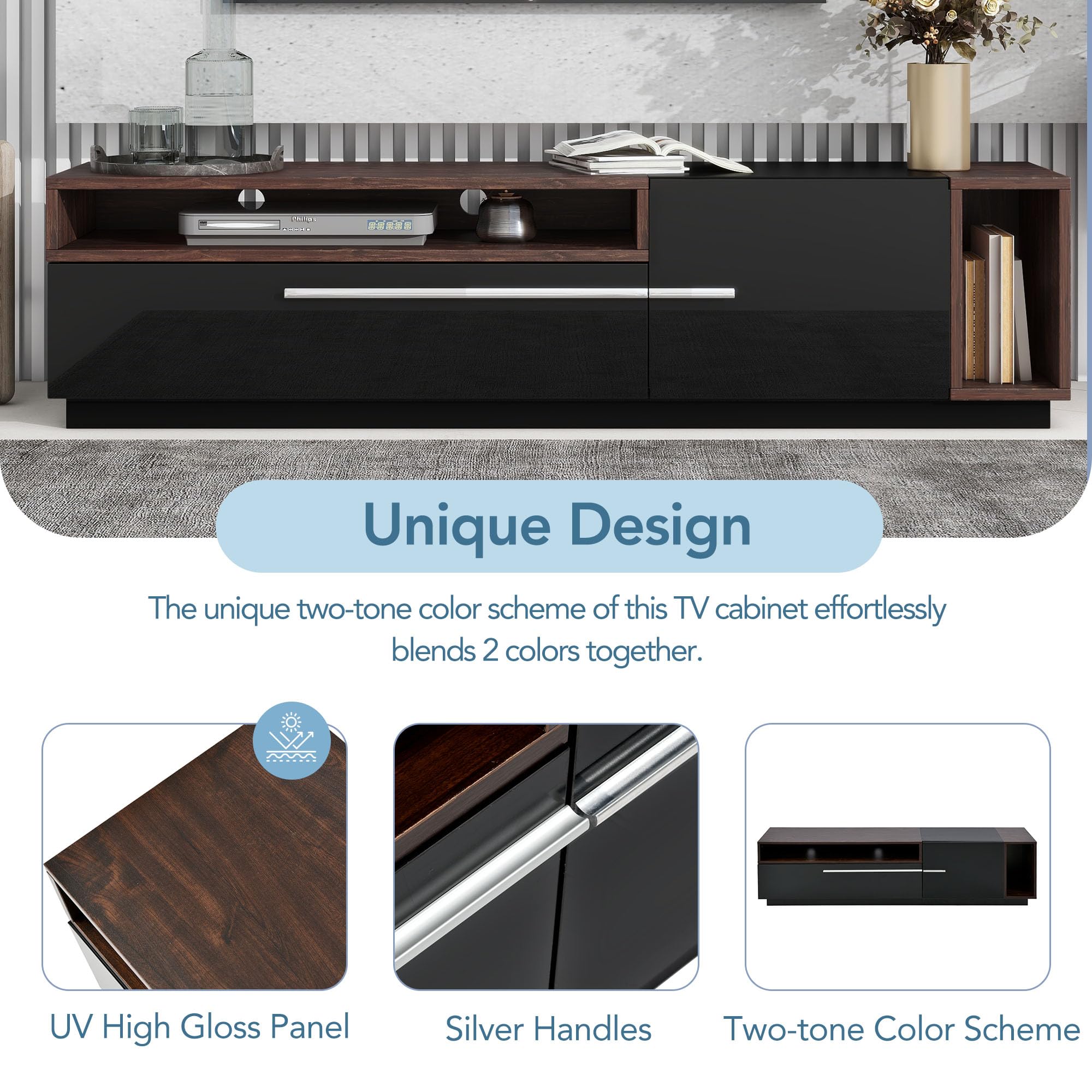 Merax Two-Tone Design Stand with Silver Handles, UV High-Gloss Media Console for Television Up to 70", Chic Style TV Storage Cabinet for Living Room, 66.8 inch Length, Black
