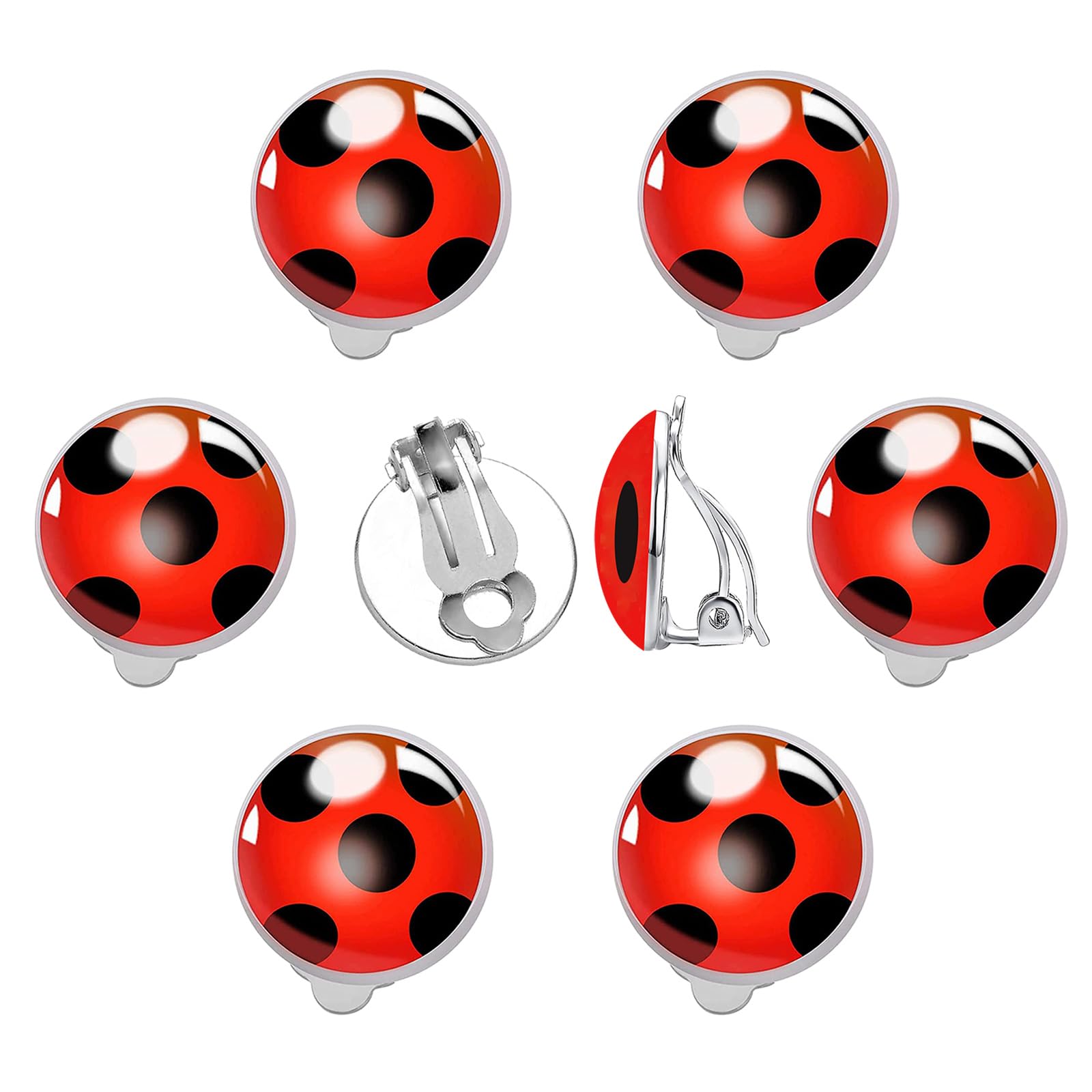 OHINGLT Ladybug Clip on Earrings for Woman Silver Ear Cuff Black Spot Red Ladybug Earrings(4 Pairs Red)