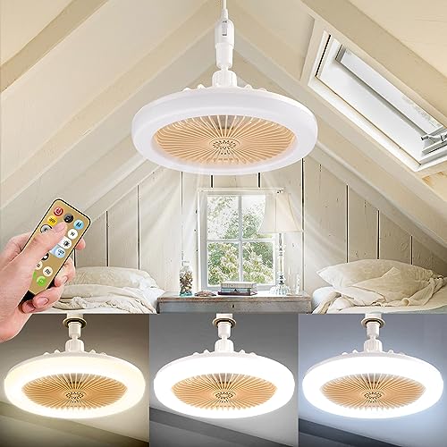 VONFAME Enclosed Ceiling Fan with Light and Remote Small 10-inch E27 Bladeless Ceiling Fans Dimmable LED Lights 3 Gear Wind Speeds Family Summer Gift for Garage Tool Room and Store Room(Yellow)