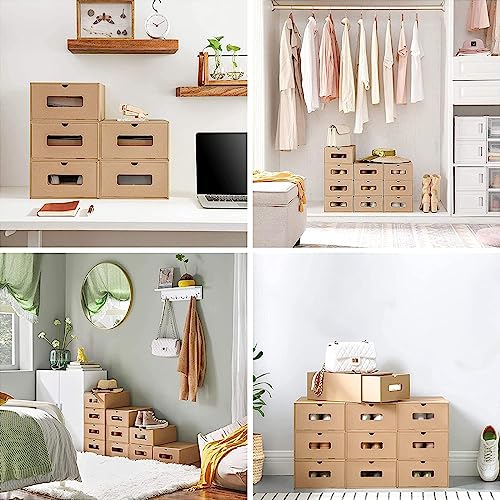 bimiti 12 Pack Shoe Box Cardboard Shoe Storage Boxes with Transparent Window Waterproof Stackable Storage Boxes with Lids Heavy Duty Kraft Drawer Shoe Boxes for Shoes, Socks, Stationery, Underwear
