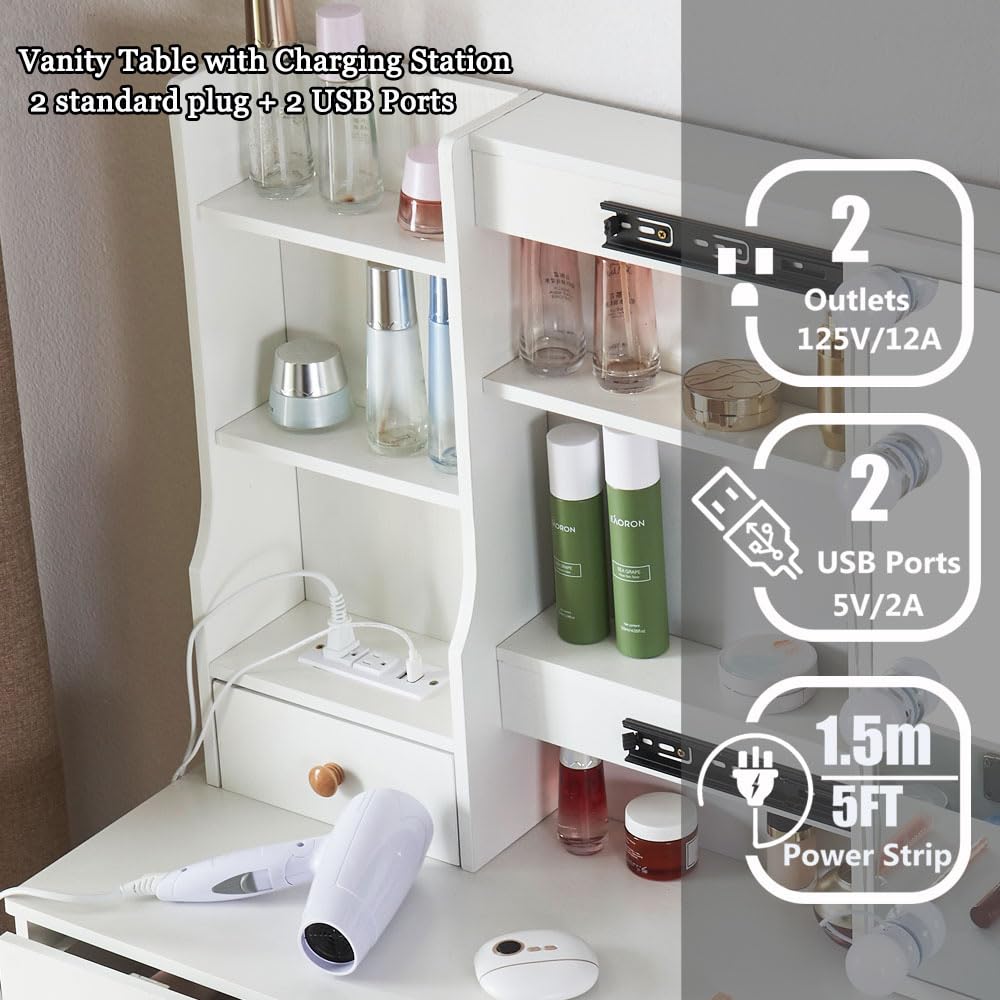 Lucaseone Vanity Desk with Lights Mirror, Vanity Table Makeup Vanity with Slidable Mirror,Drawers & Stool,for Bedroom, White (7507USB)