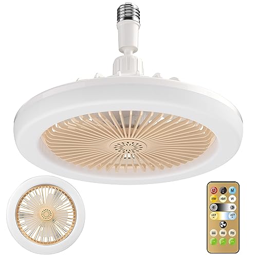 VONFAME Enclosed Ceiling Fan with Light and Remote Small 10-inch E27 Bladeless Ceiling Fans Dimmable LED Lights 3 Gear Wind Speeds Family Summer Gift for Garage Tool Room and Store Room(Yellow)
