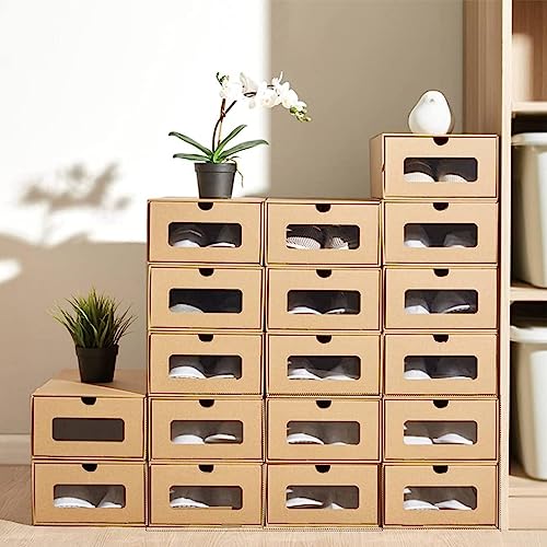 bimiti 12 Pack Shoe Box Cardboard Shoe Storage Boxes with Transparent Window Waterproof Stackable Storage Boxes with Lids Heavy Duty Kraft Drawer Shoe Boxes for Shoes, Socks, Stationery, Underwear