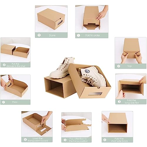 bimiti 12 Pack Shoe Box Cardboard Shoe Storage Boxes with Transparent Window Waterproof Stackable Storage Boxes with Lids Heavy Duty Kraft Drawer Shoe Boxes for Shoes, Socks, Stationery, Underwear