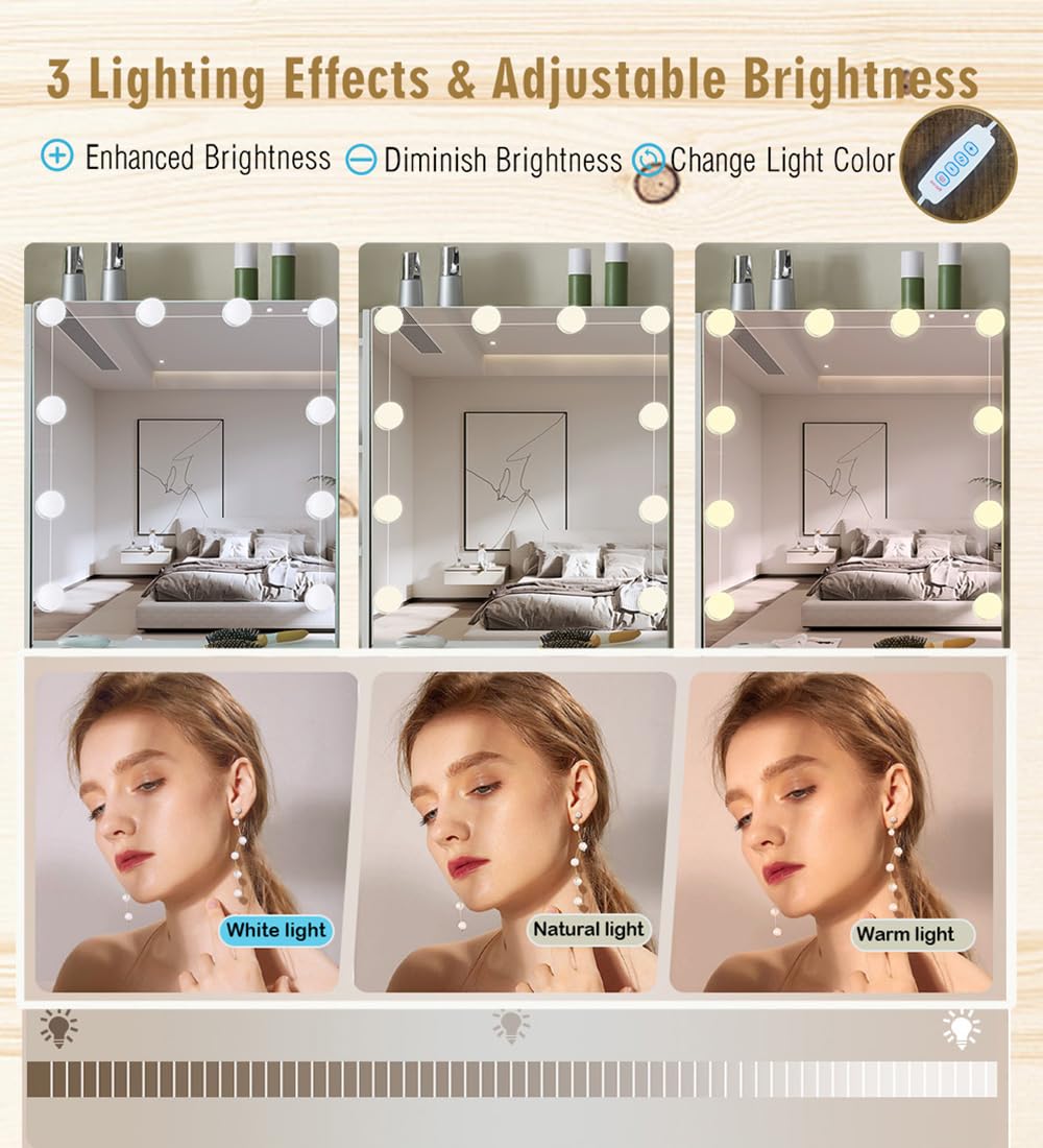 Lucaseone Vanity Desk with Lights Mirror, Vanity Table Makeup Vanity with Slidable Mirror,Drawers & Stool,for Bedroom, White (7507USB)