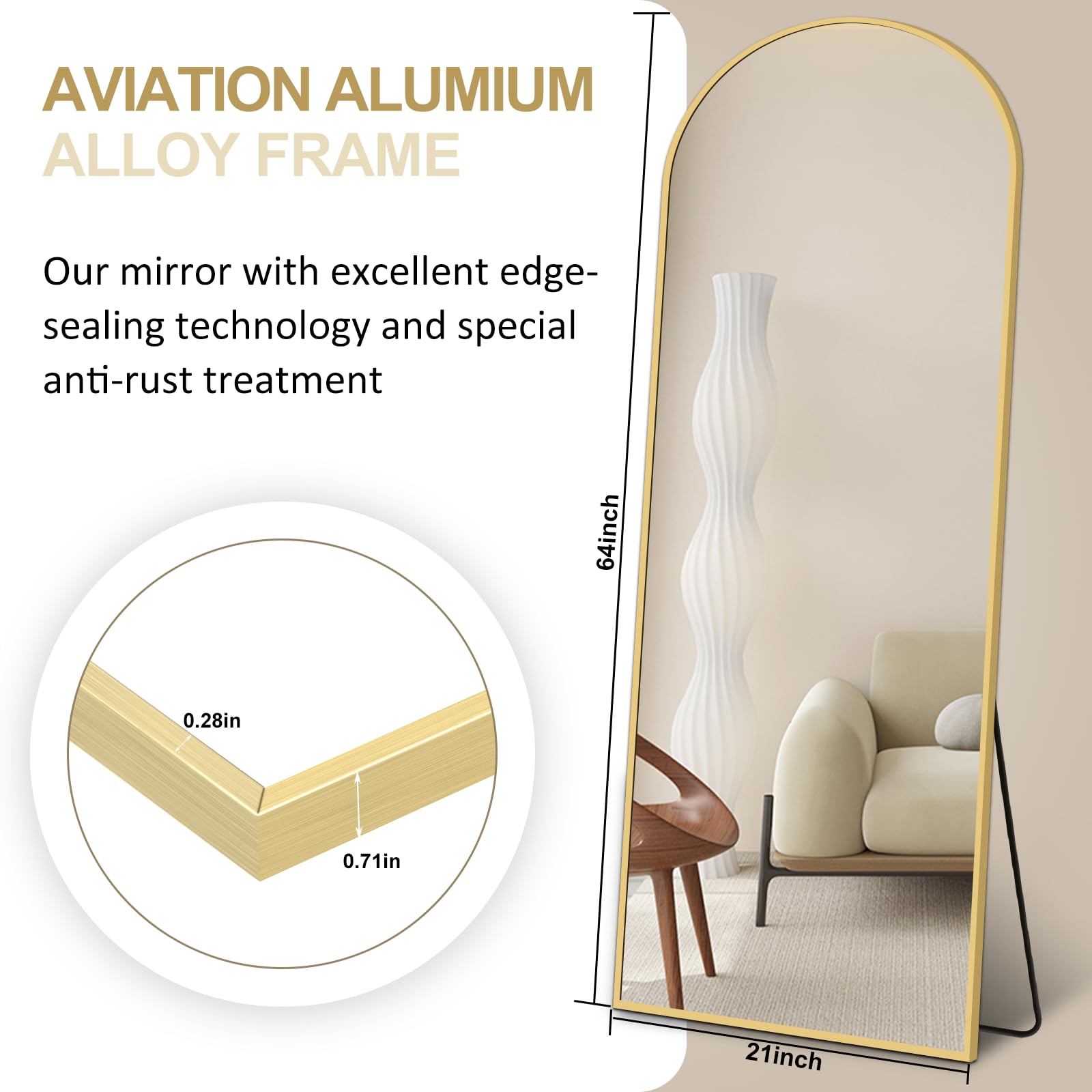 64"x21" Arched Full Length Mirror Gold Floor Mirror with Stand, Aluminium Metal Frame for Wall Mounted Full Body Mirror Leaning Body Mirror Hanging Wall Mirror for Bedroom Living Room Dressing Mirror