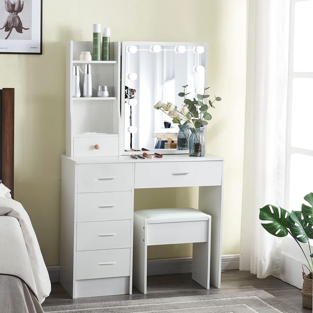 Lucaseone Vanity Desk with Lights Mirror, Vanity Table Makeup Vanity with Slidable Mirror,Drawers & Stool,for Bedroom, White (7507USB)