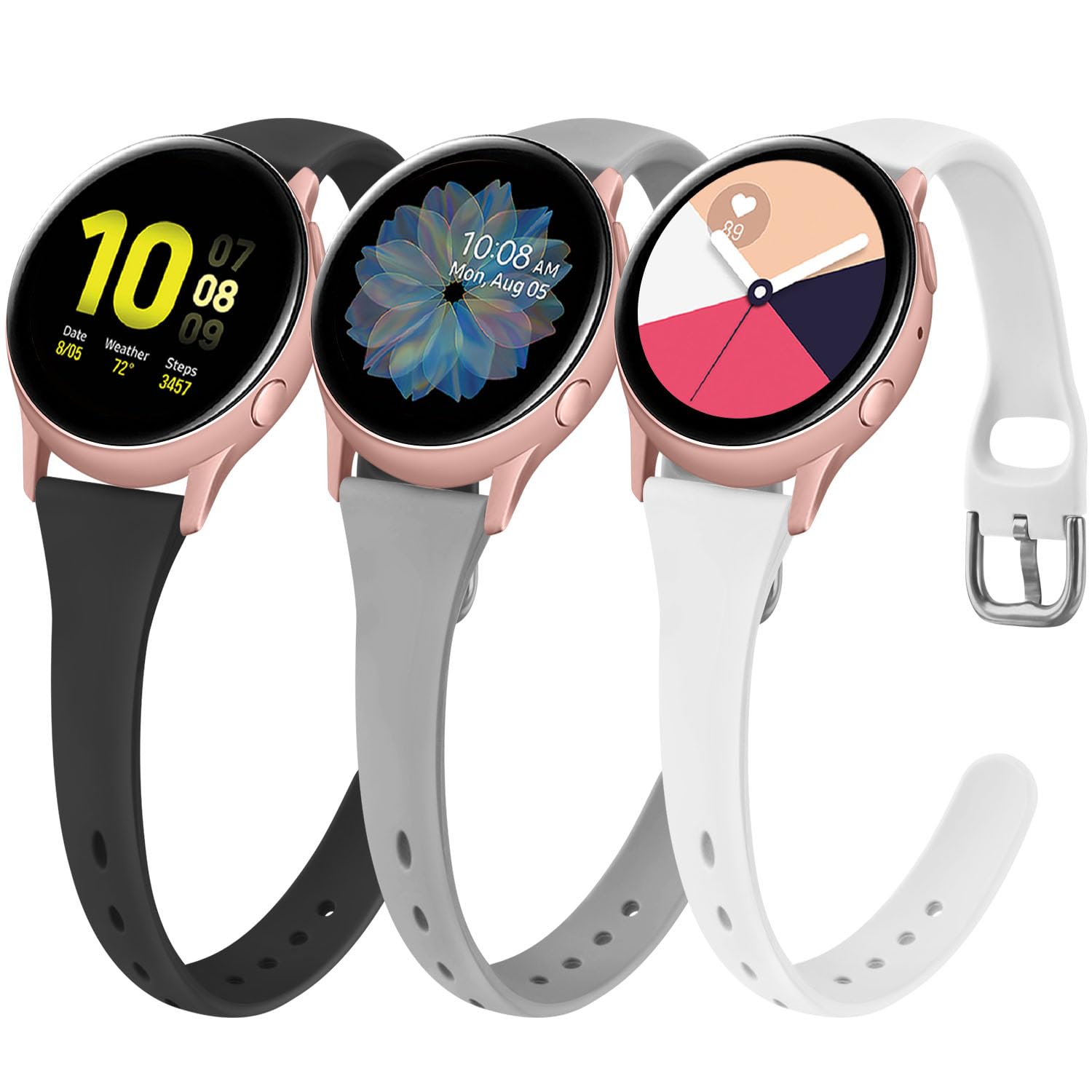Vancle 3 Pack Slim Bands for Samsung Galaxy Active 2 Watch Bands 40mm 44mm Women Men, 20mm Soft Silicone Sport Strap Replacement Wristbands for Samsung Galaxy Active/Active 2 (Black/Gray/White)