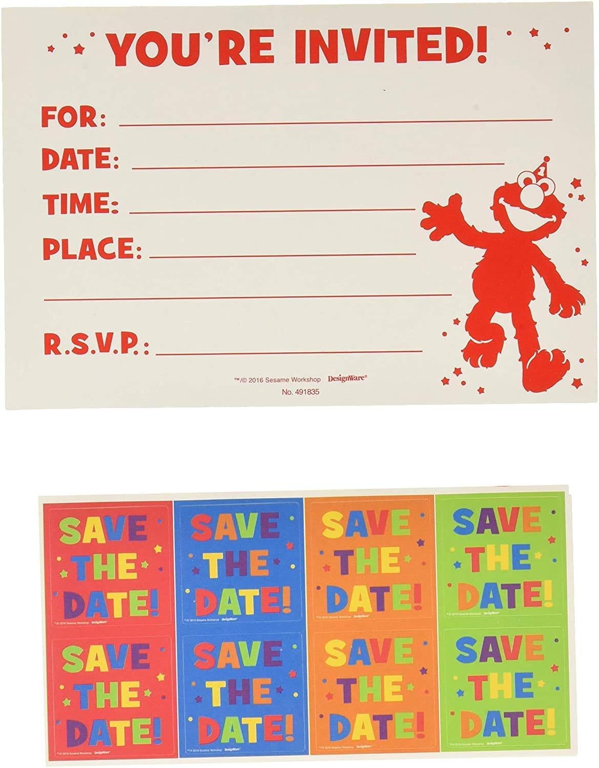 Amscan Sesame Street 1st Birthday Party Supplies Bundle Pack includes 16 Party Invitations with Envelopes, 16 Save the Date Stickers