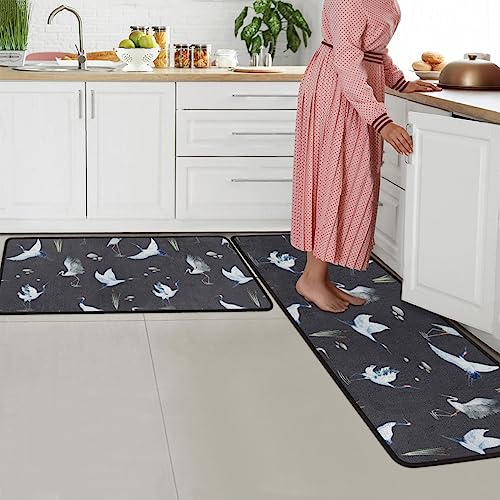 Red-Crowned Crane Kitchen Mat 2 PCS Waterproof Non-Slip Ergonomic Comfort Mat Anti Fatigue Kitchen Rug for Kitchen Floor Home Office Sink 47"X17"+29"X17" Inch