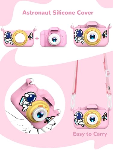 Andoer Kids Camera Toy Children Mini Camera Dual Front and Rear Digital Camera, Gift for Boys and Girls 3-12 Year Old with Astronaut Cartoon Soft Silicone Cover 32GB Card & USB 2.0 Card Reader