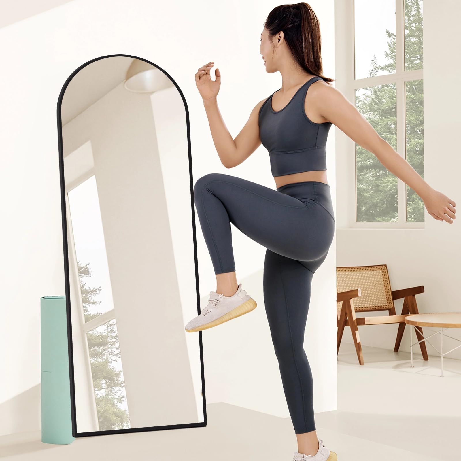 BOGDA 64"x21" Arched Full Length Floor Mirror with Stand, Aluminium Metal Frame for Wall Mounted Full Body Mirrors Leaning Body Hanging Wall Mirror for Bedroom Living Room Dressing Mirrors-Black