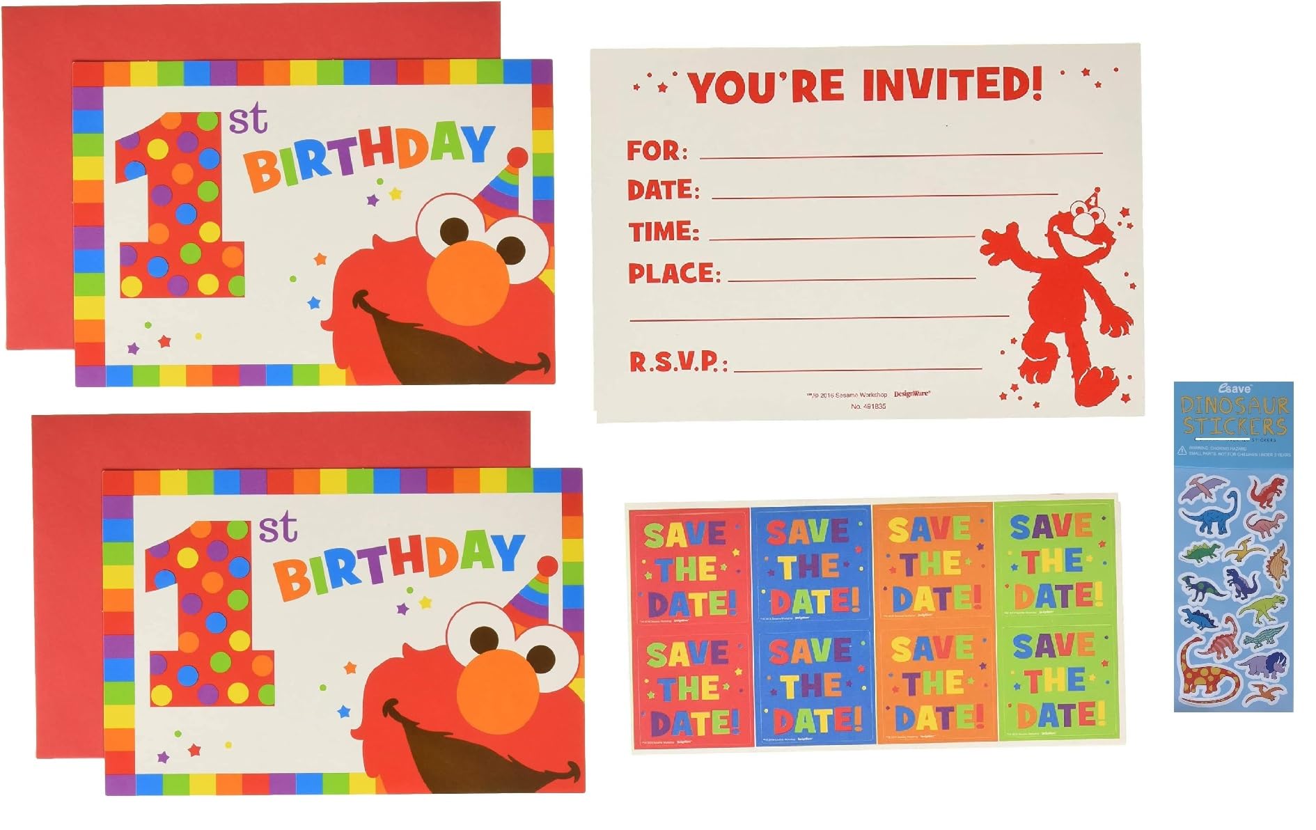 Amscan Sesame Street 1st Birthday Party Supplies Bundle Pack includes 16 Party Invitations with Envelopes, 16 Save the Date Stickers