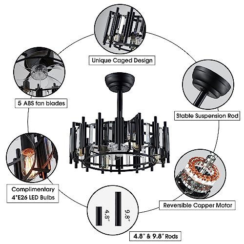 LODADRA Caged Ceiling Fan with Light, bladeless 6 Speed Reversible with Remote Control.Low Profile Ceiling Fan with Lights for Bedroom, Dining Room