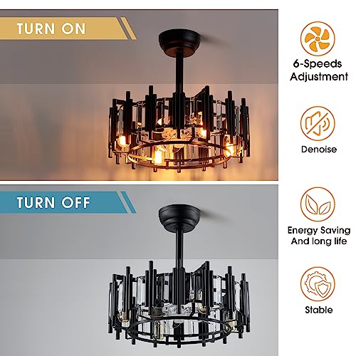 LODADRA Caged Ceiling Fan with Light, bladeless 6 Speed Reversible with Remote Control.Low Profile Ceiling Fan with Lights for Bedroom, Dining Room