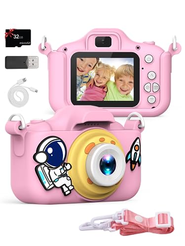 Andoer Kids Camera Toy Children Mini Camera Dual Front and Rear Digital Camera, Gift for Boys and Girls 3-12 Year Old with Astronaut Cartoon Soft Silicone Cover 32GB Card & USB 2.0 Card Reader