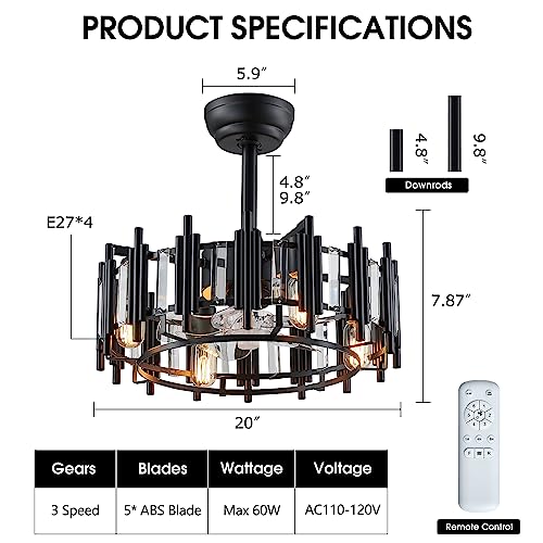 LODADRA Caged Ceiling Fan with Light, bladeless 6 Speed Reversible with Remote Control.Low Profile Ceiling Fan with Lights for Bedroom, Dining Room