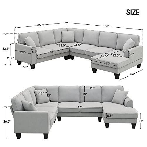 Lifeand Modern U-Shaped, 7 Seat Fabric Sectional Set with 3 Pillows Included Sofas, Light Grey