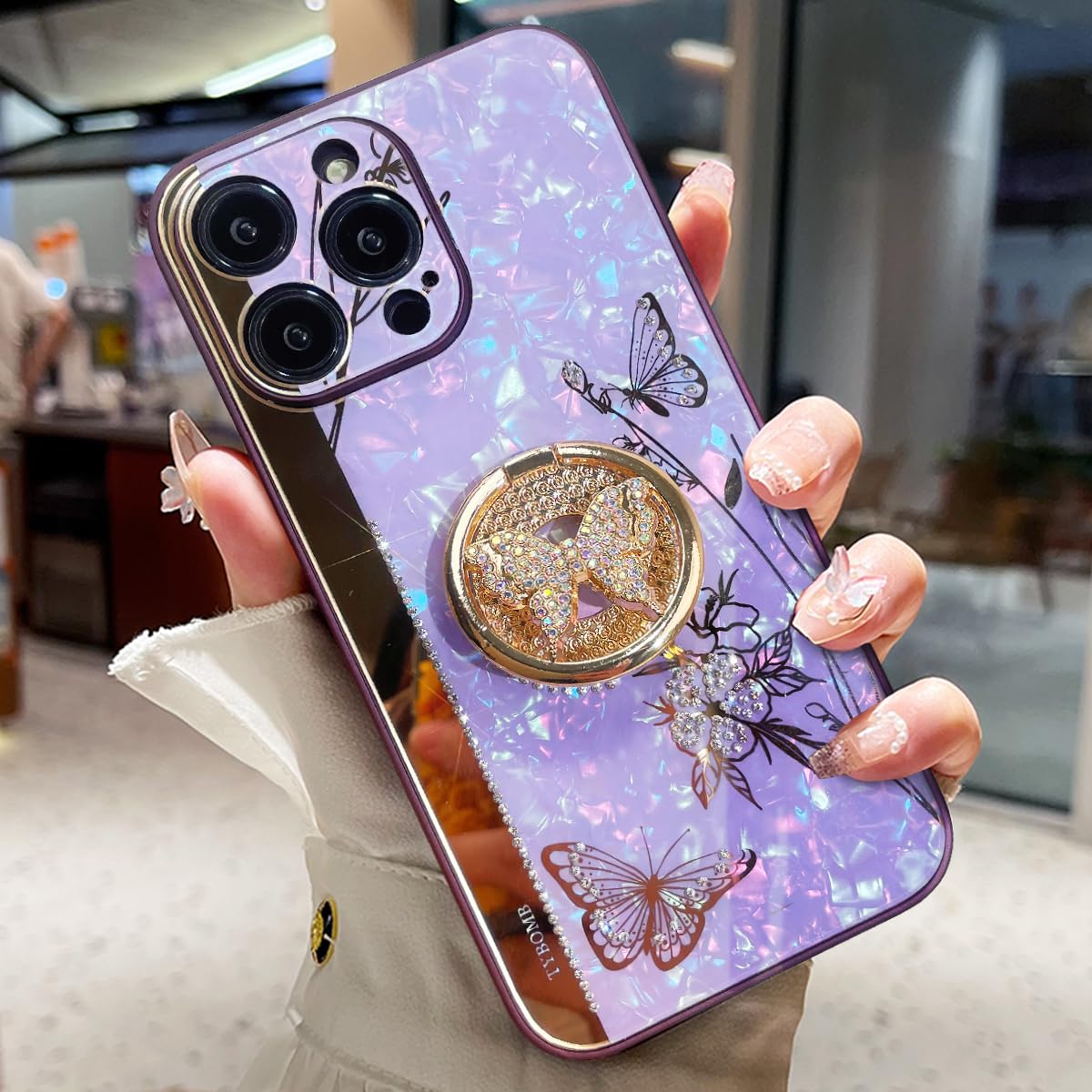 AMAZFCCY iPhone 13 Pro Max 6.7'' Kickstand Case, [Upgraded Metallic Paint] Cute 3D Butterfly Bling Glitter Luxury Rhinestone Hard Back Soft TPU Bumper for Apple iPhone 13 Pro Max 2021 (Purple)