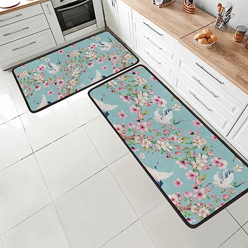 Red Heads Crane Kitchen Mat 2 PCS Waterproof Non-Slip Ergonomic Comfort Mat Anti Fatigue Kitchen Rug for Kitchen Floor Home Office Sink 47"X17"+29"X17" Inch