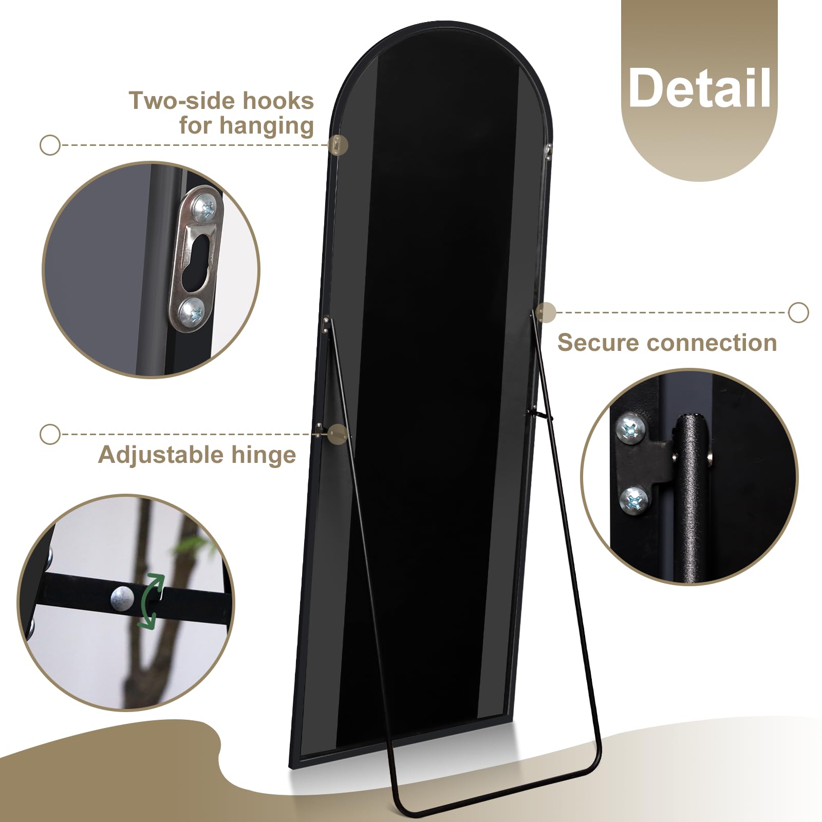 BOGDA 64"x21" Arched Full Length Floor Mirror with Stand, Aluminium Metal Frame for Wall Mounted Full Body Mirrors Leaning Body Hanging Wall Mirror for Bedroom Living Room Dressing Mirrors-Black