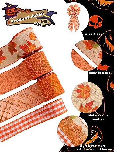 Wlflash 4 Rolls 24 Yards Fall Burlap Ribbon Wrap Orange Burlap Leaf Mesh Linen Wired Edge Harvest Pumpkin Wreath Autumn Thanksgiving Supplies Gift Bows Craft Wrapping Ribbon decoration (4 Rolls, Fall)
