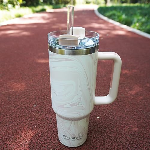 Dreamfocus 40 oz Swirl Rose Quartz Tumbler with Handle Straw and Lid Insulated Stainless Steel Water Bottle Cup Travel Coffee Mug