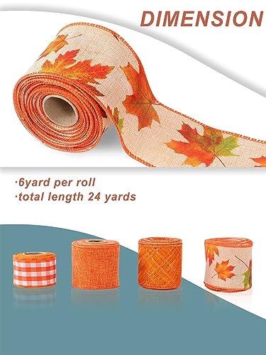 Wlflash 4 Rolls 24 Yards Fall Burlap Ribbon Wrap Orange Burlap Leaf Mesh Linen Wired Edge Harvest Pumpkin Wreath Autumn Thanksgiving Supplies Gift Bows Craft Wrapping Ribbon decoration (4 Rolls, Fall)