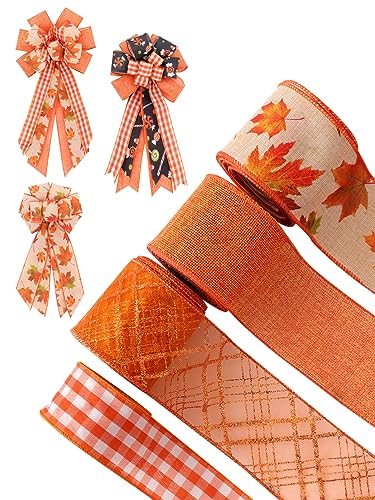 Wlflash 4 Rolls 24 Yards Fall Burlap Ribbon Wrap Orange Burlap Leaf Mesh Linen Wired Edge Harvest Pumpkin Wreath Autumn Thanksgiving Supplies Gift Bows Craft Wrapping Ribbon decoration (4 Rolls, Fall)