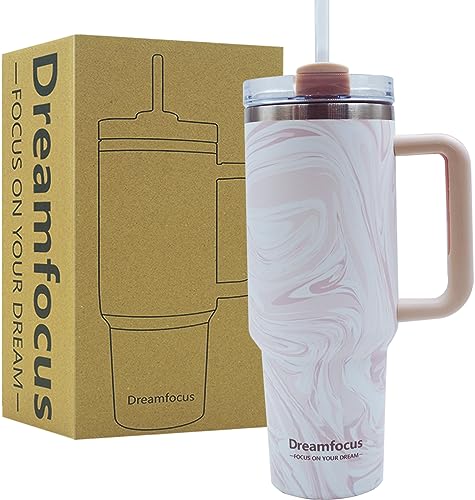 Dreamfocus 40 oz Swirl Rose Quartz Tumbler with Handle Straw and Lid Insulated Stainless Steel Water Bottle Cup Travel Coffee Mug