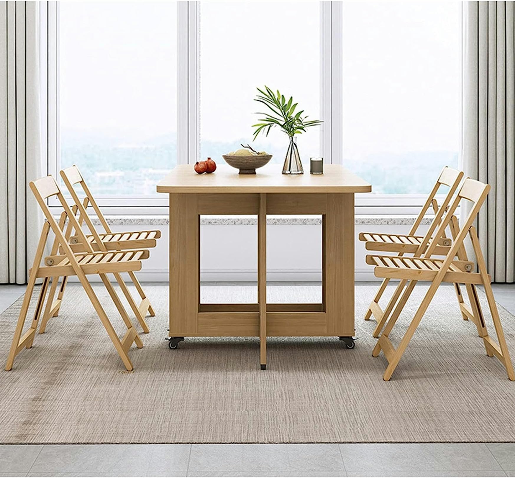 Shykey Extendable Dining Table Set, Wooden Drop Leaf Table with 4 Dining Chairs, Folding Dining Table for Kitchen Restaurant Dining Room Living Room-140cm