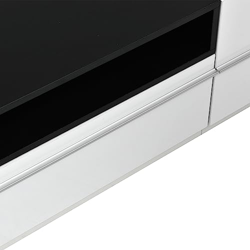 Polibi Modern TV Stand with Wooden Shelves and Silver Handle, High Gloss Media Console Table with Large Drawer and Storage Cabinet, Living Room Entertainment Center for TVs up to 70", White