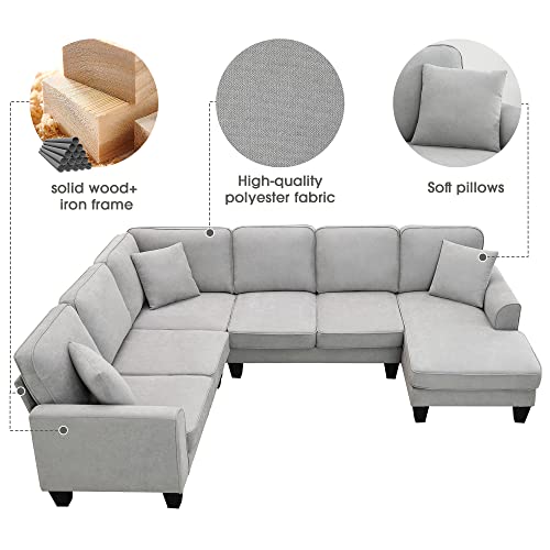 Lifeand Modern U-Shaped, 7 Seat Fabric Sectional Set with 3 Pillows Included Sofas, Light Grey