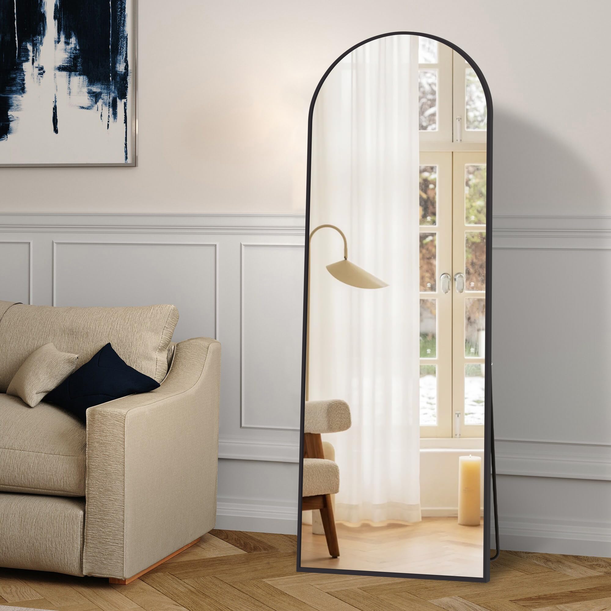 BOGDA 64"x21" Arched Full Length Floor Mirror with Stand, Aluminium Metal Frame for Wall Mounted Full Body Mirrors Leaning Body Hanging Wall Mirror for Bedroom Living Room Dressing Mirrors-Black